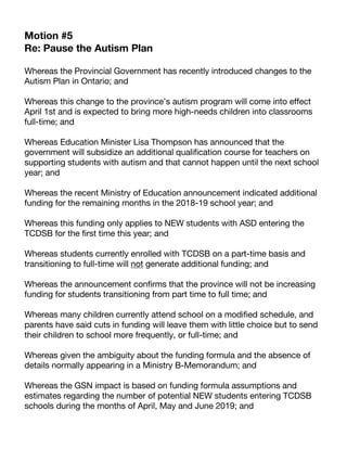 TCDSB Special Education Motions #PauseThePlan | PDF
