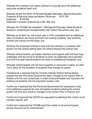 TCDSB Special Education Motions #PauseThePlan | PDF