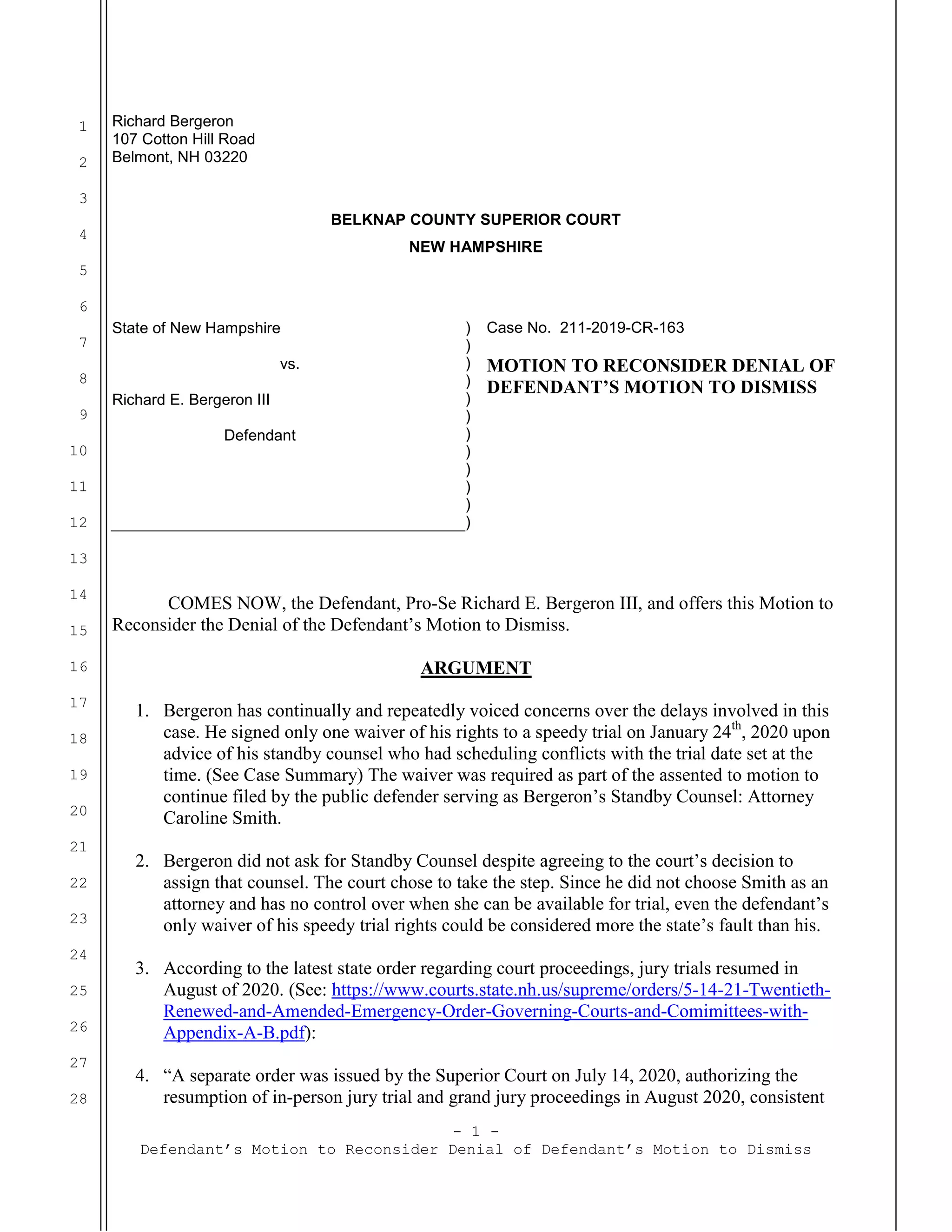 Motion to Reconsider Denial of Motion to Dismiss on Speedy Trial Grounds | PDF