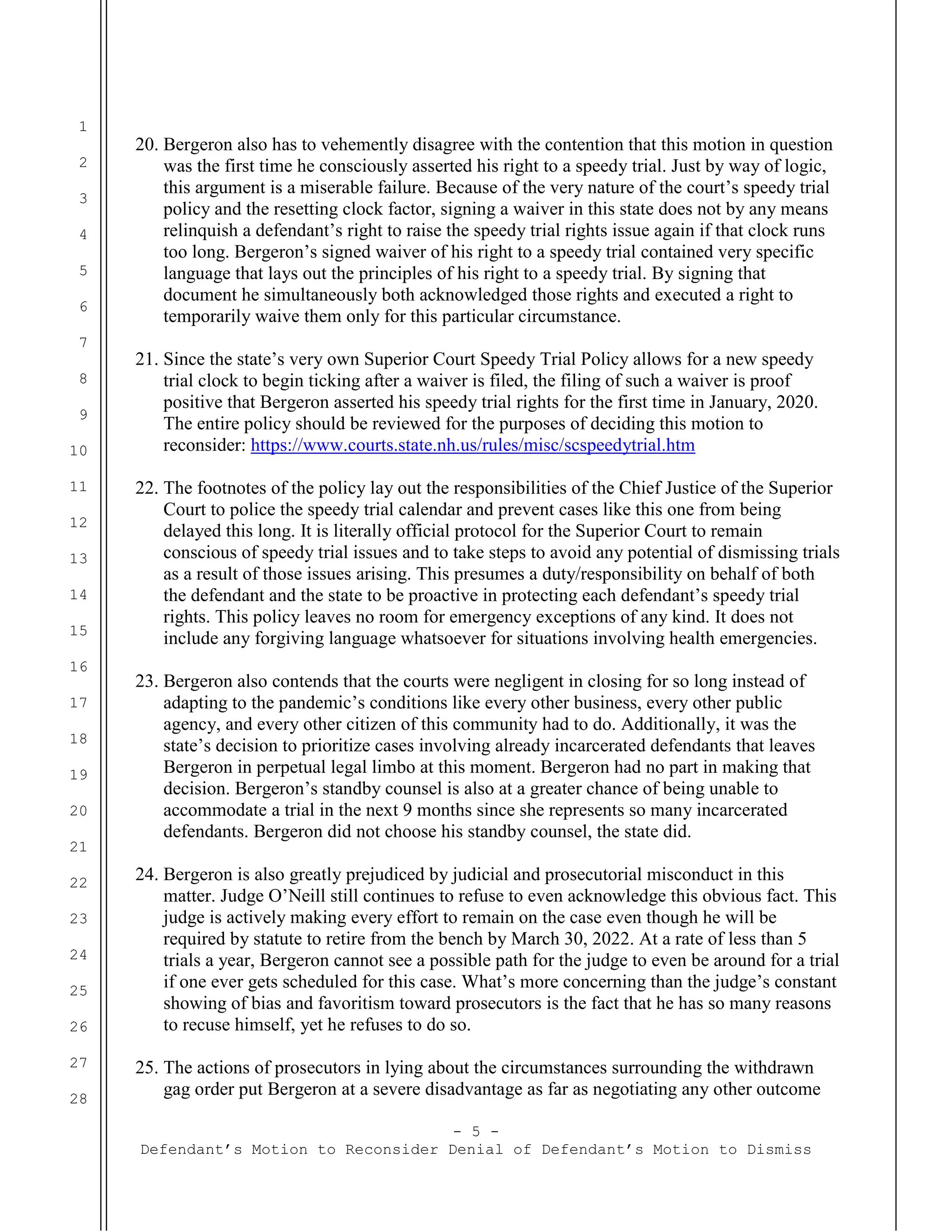 Motion to Reconsider Denial of Motion to Dismiss on Speedy Trial ...