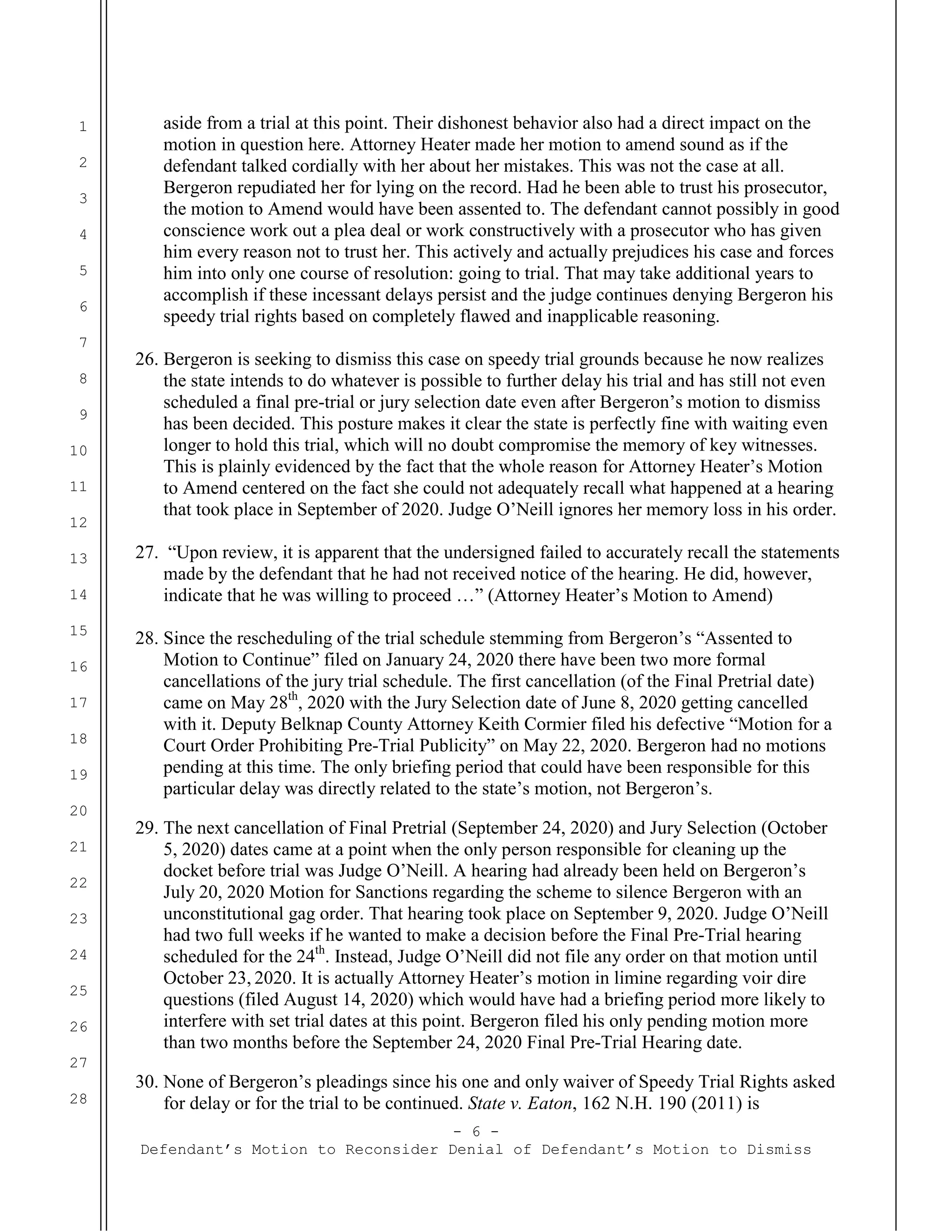 Motion to Reconsider Denial of Motion to Dismiss on Speedy Trial ...