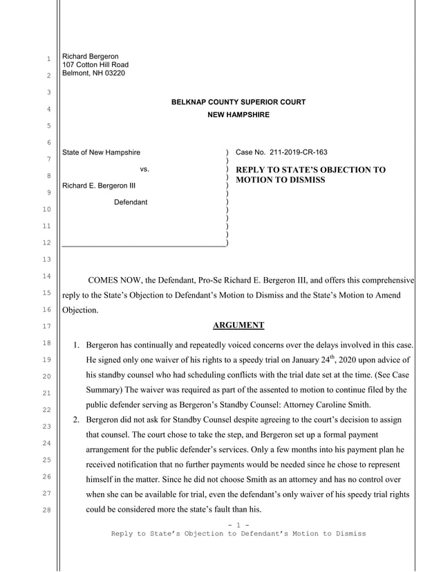 Defendant's Reply to State's Objection to Motion to Dismiss (Speedy ...