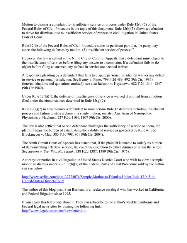 Motion to dismiss under rule 12(b)(5) for insufficient service of ...