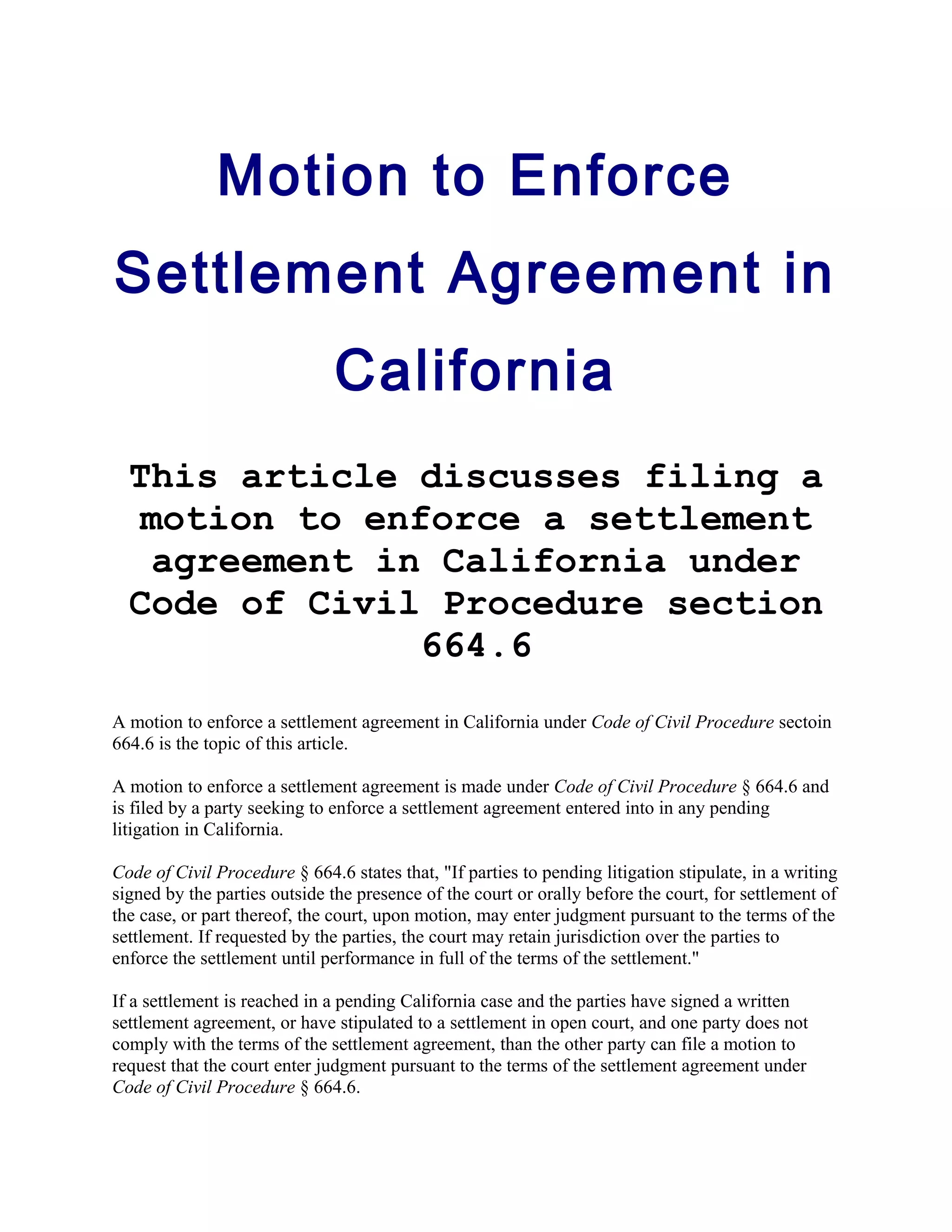 Motion to enforce settlement agreement in California article | DOC