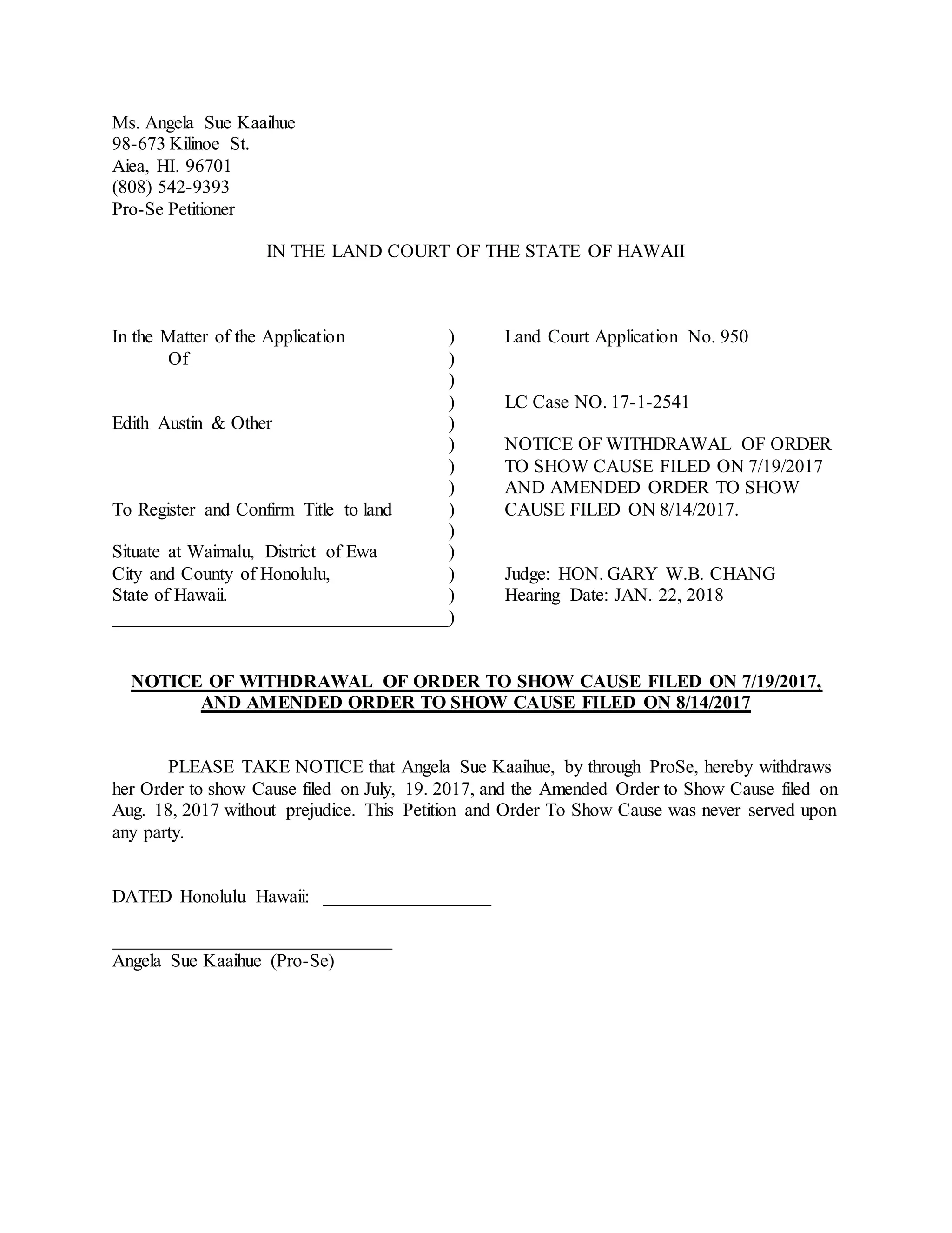 MOtion to Withdraw filed by Angela Kaaihue | PDF