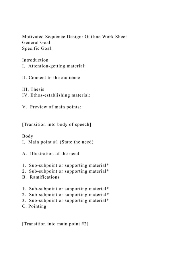 Motivated Sequence Design Outline Work SheetGeneral GoalSpec.docx | Video Production | Content ...