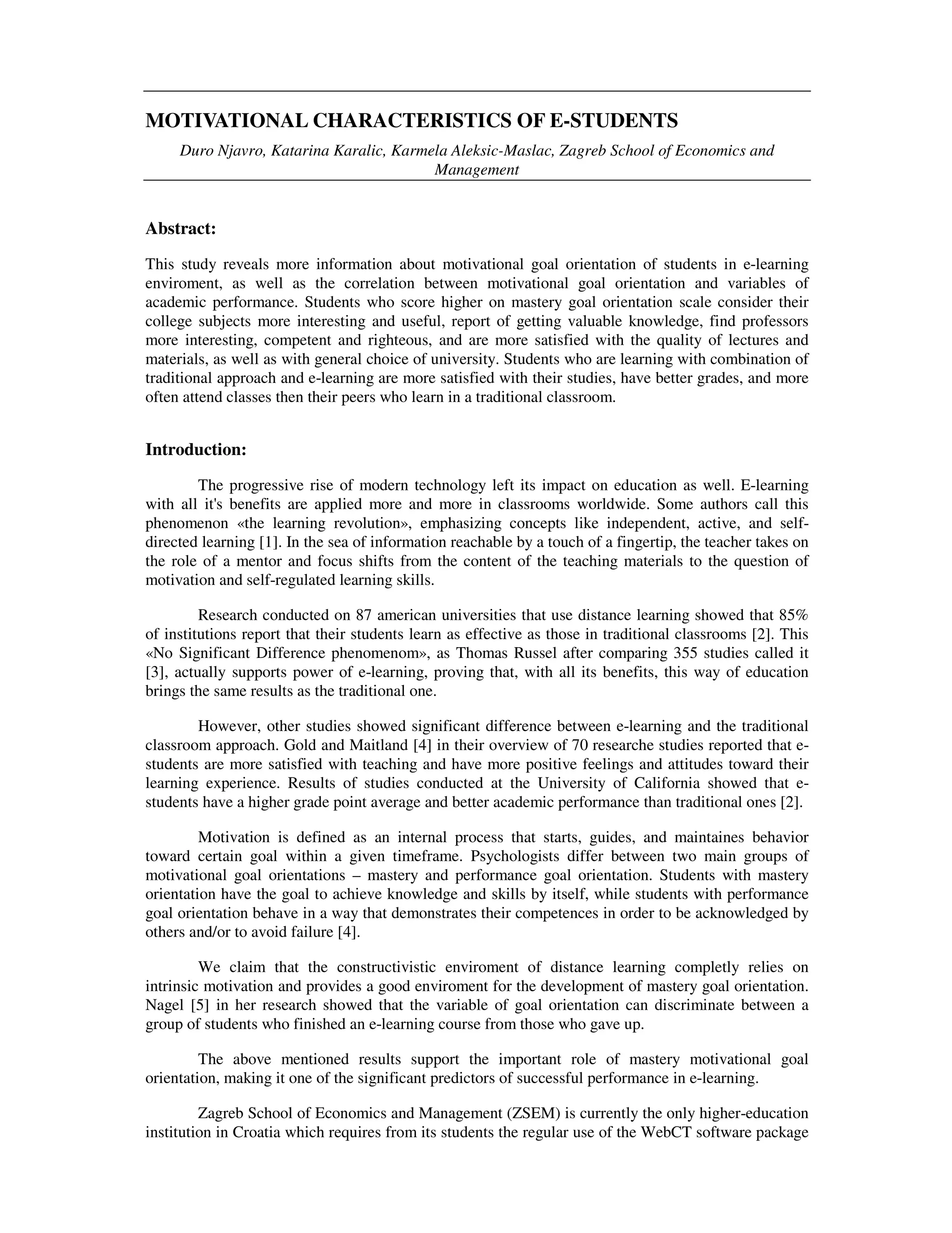 Motivational characteristics of e-learning students | PDF