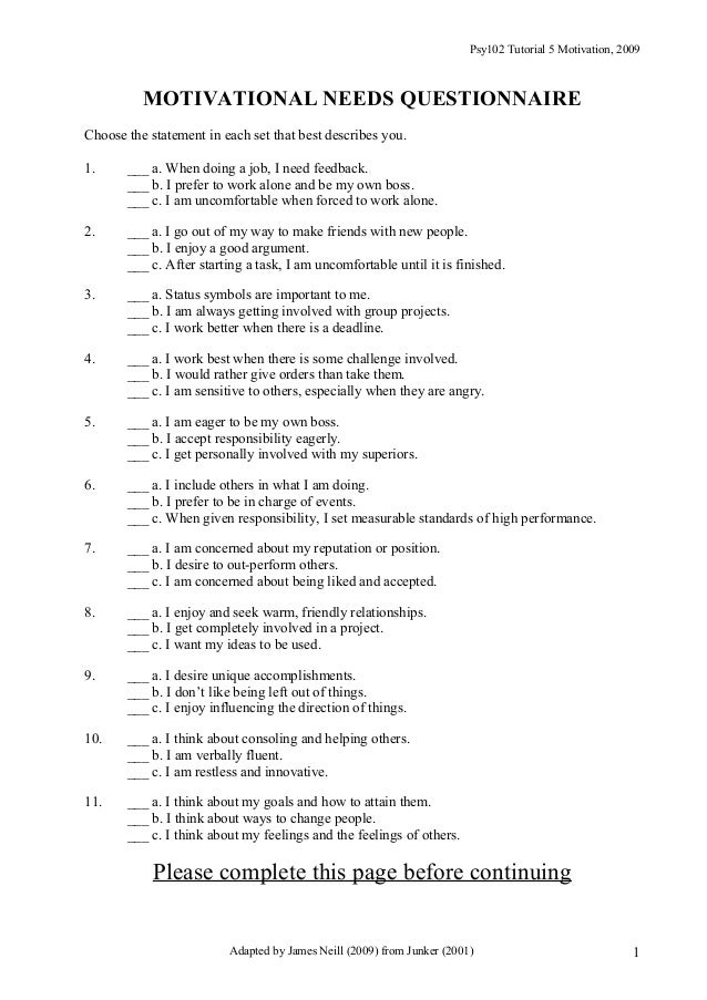 Motivational needs questionnaire 2009
