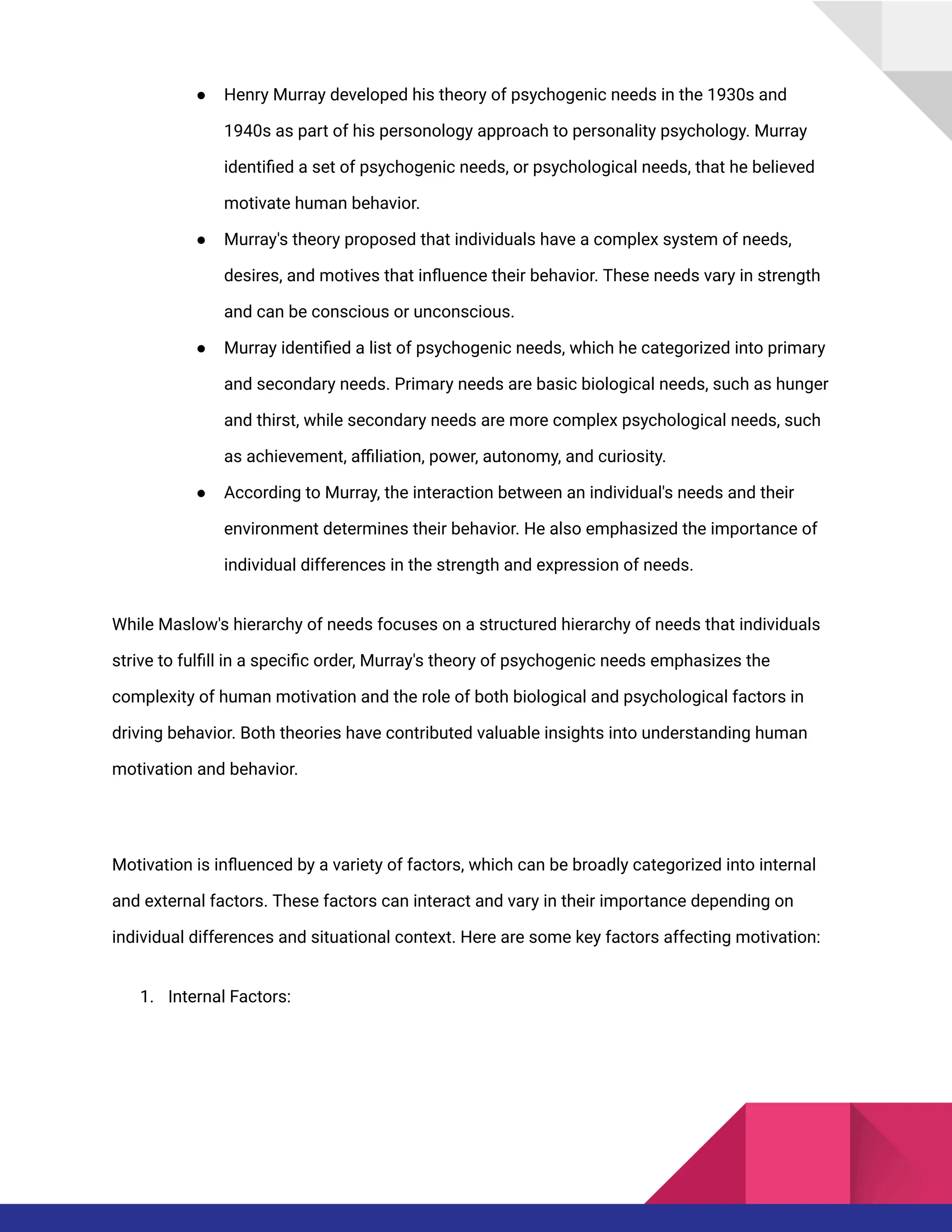 Motivation and Theory Maslow and Murray pdf | PDF