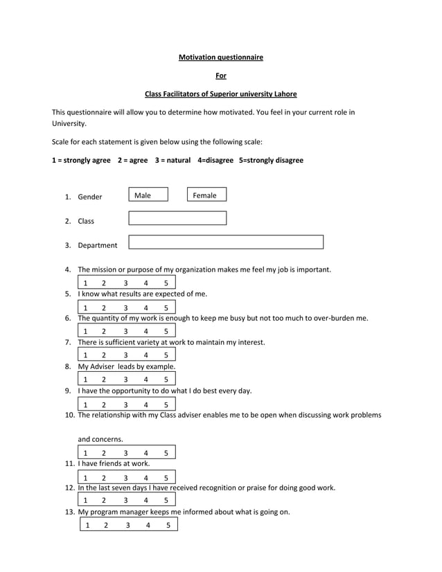 Motivation questionnaire for class facilitaters of superior university ...