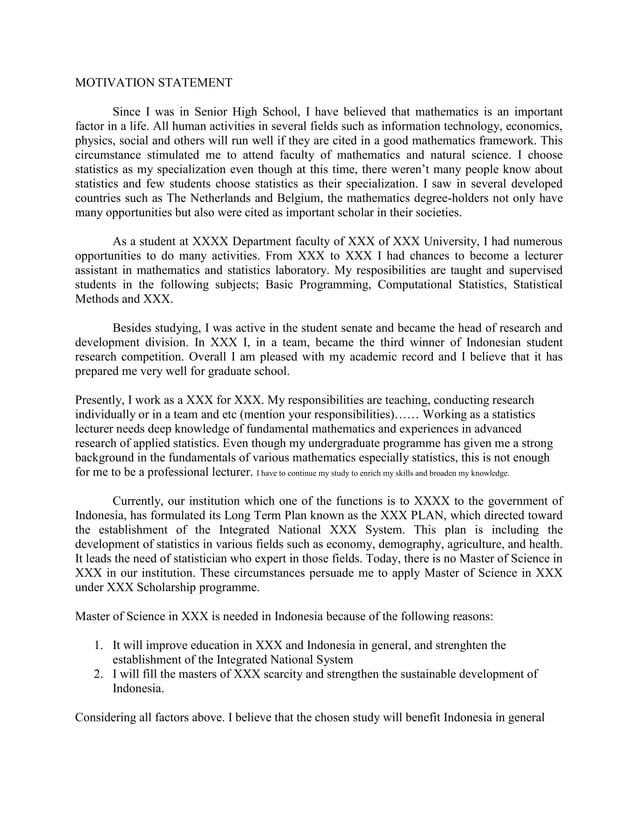 Motivation statement | DOCX | Postgraduate Education | College Education