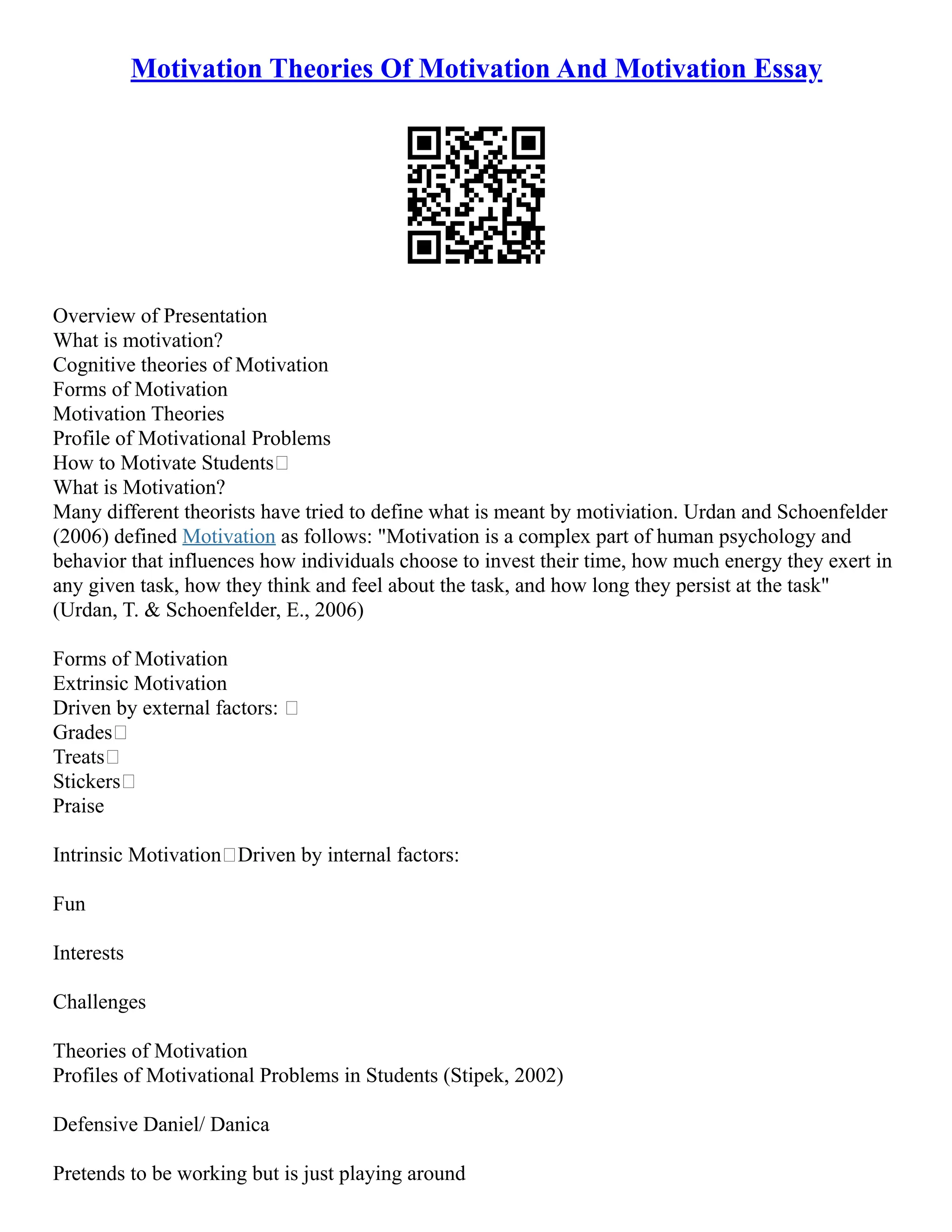 Motivation Theories Of Motivation And Motivation Essay | PDF