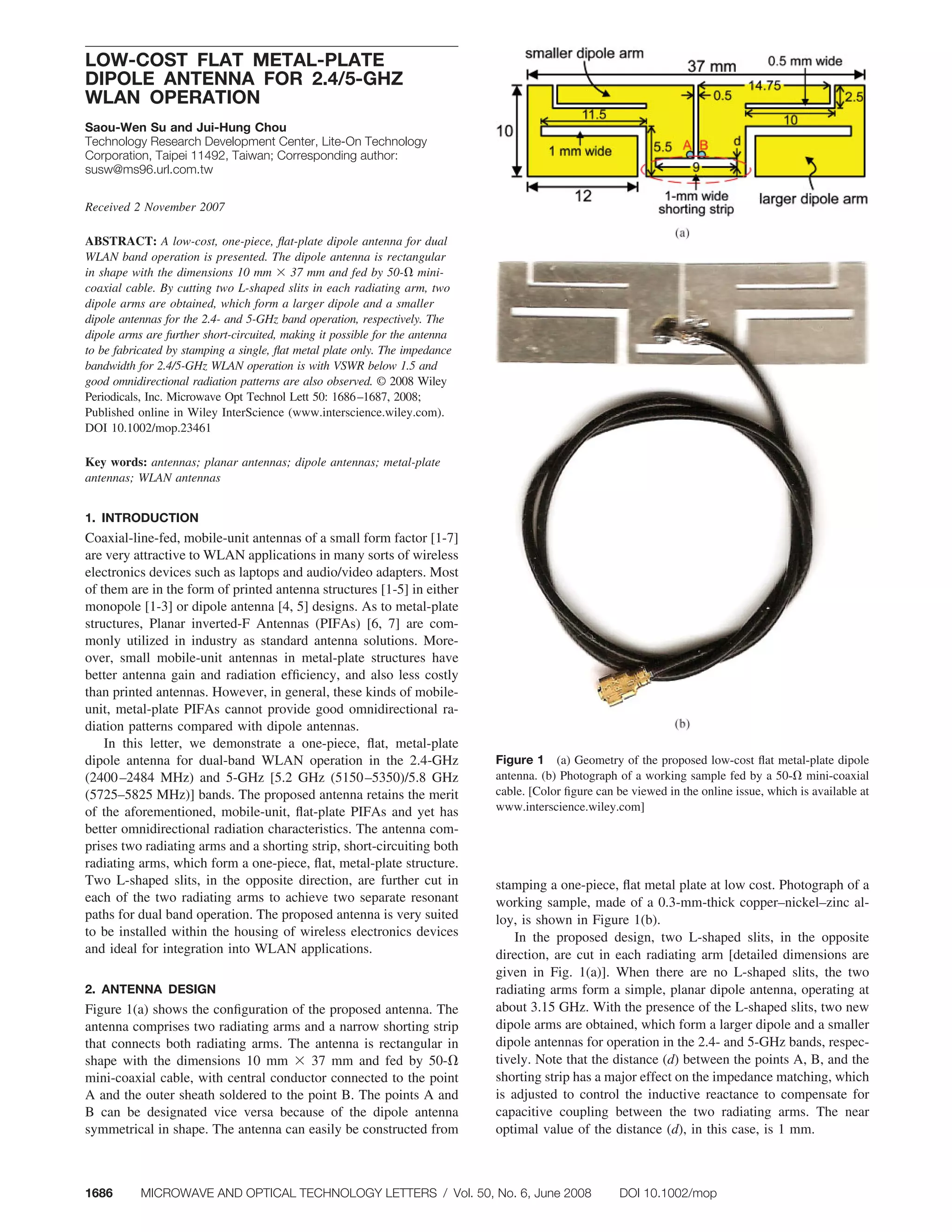 Low-Cost Flat Metal-Plate Dipole Antenna for 2.4/5 GHz WLAN Operation | PDF
