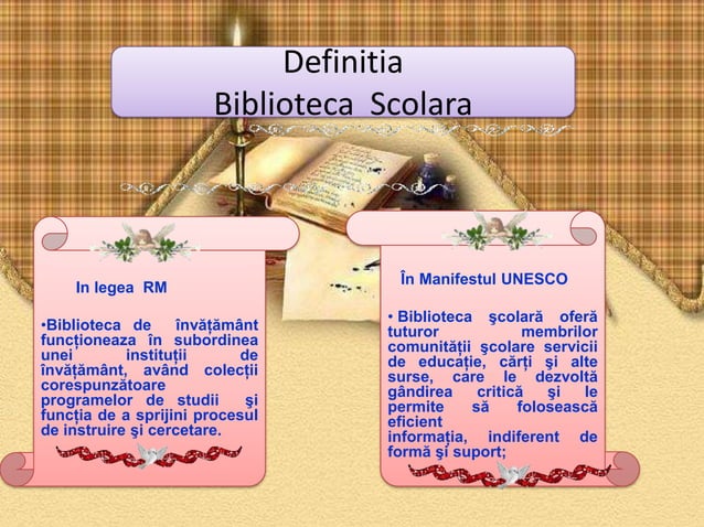 - Biblioteca şcolară – centrul comunităţii şcolare | PPTX