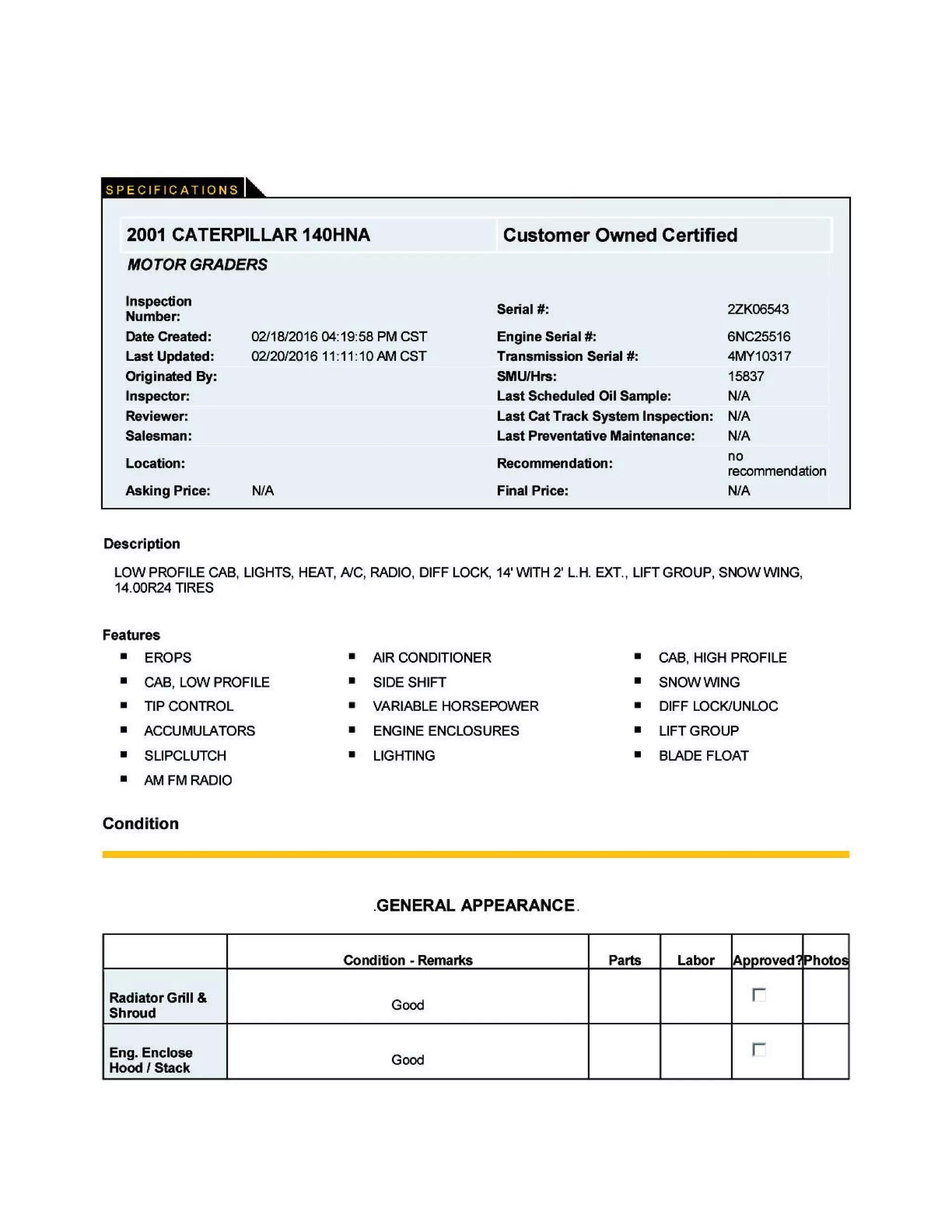MOTOR GRADER 140HNA 2ZK06543 INSPECTION REPORT | PDF