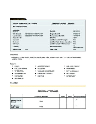 MOTOR GRADER 140HNA 2ZK06543 INSPECTION REPORT | PDF