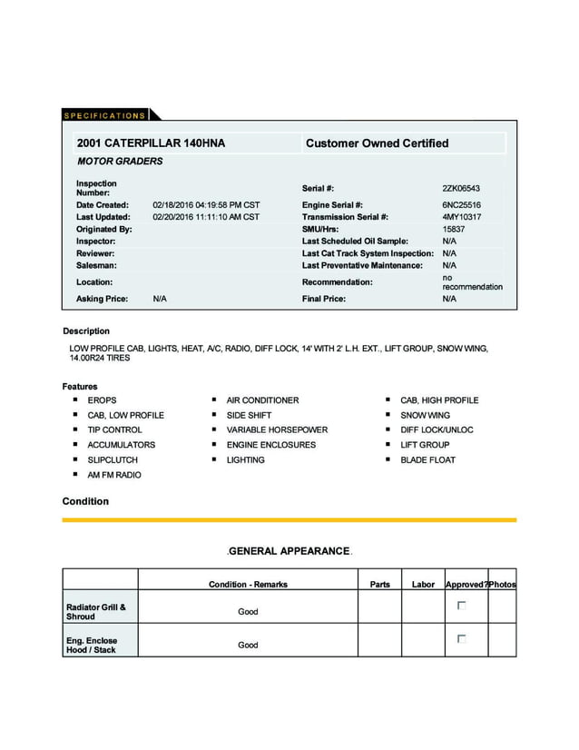 MOTOR GRADER 140HNA 2ZK06543 INSPECTION REPORT | PDF