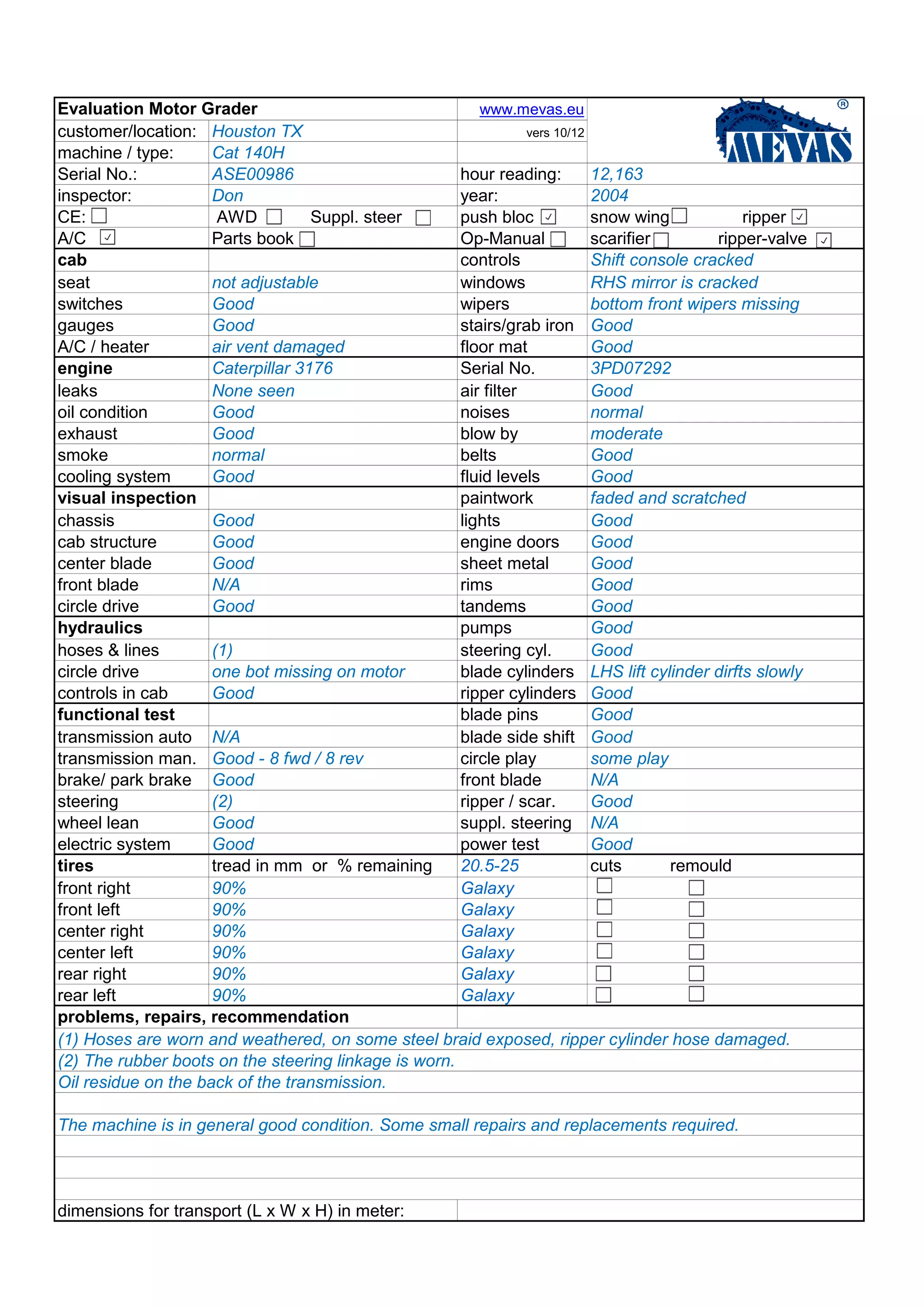 Motor Grader inspection checklist | PDF