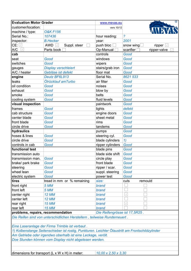 Motor Grader inspection checklist | PDF | Sports Equipment | Sports