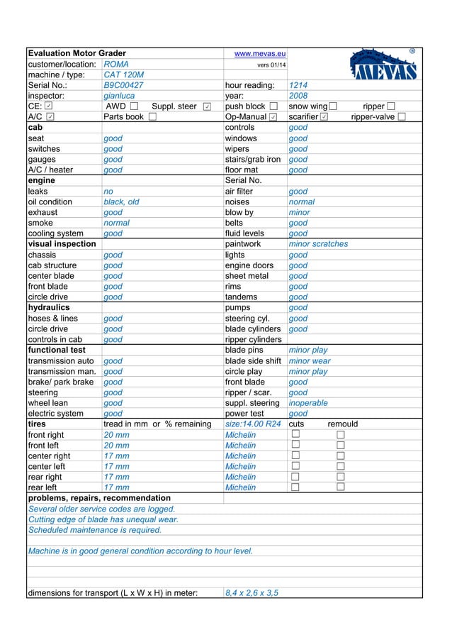 Motor Grader inspection checklist | PDF | Sports Equipment | Sports