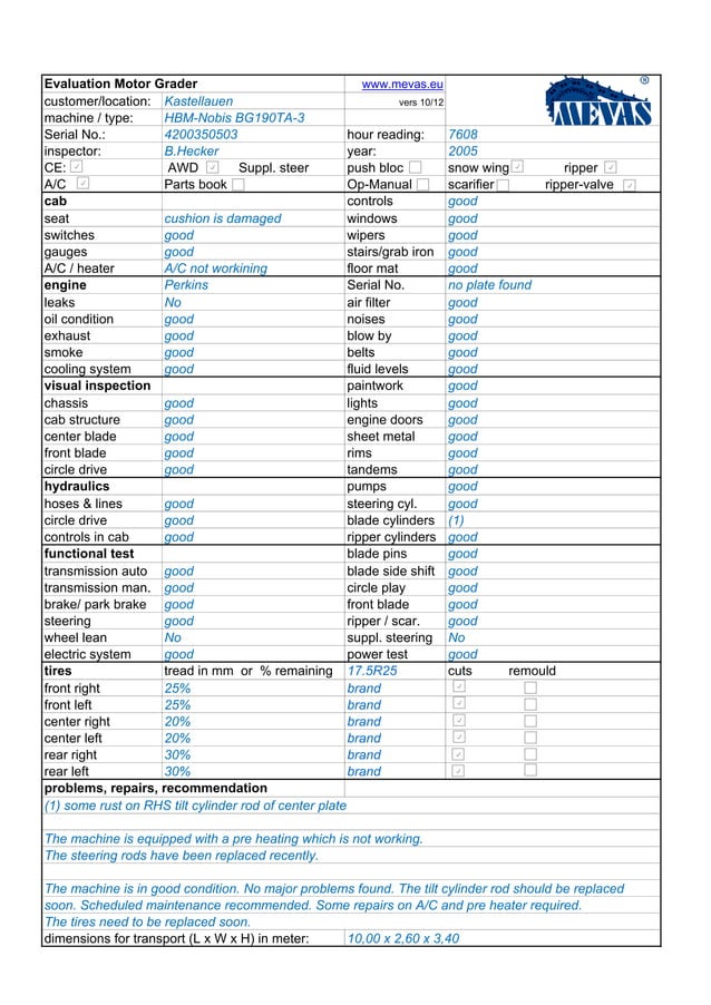 Motor Grader inspection checklist | PDF | Sports Equipment | Sports