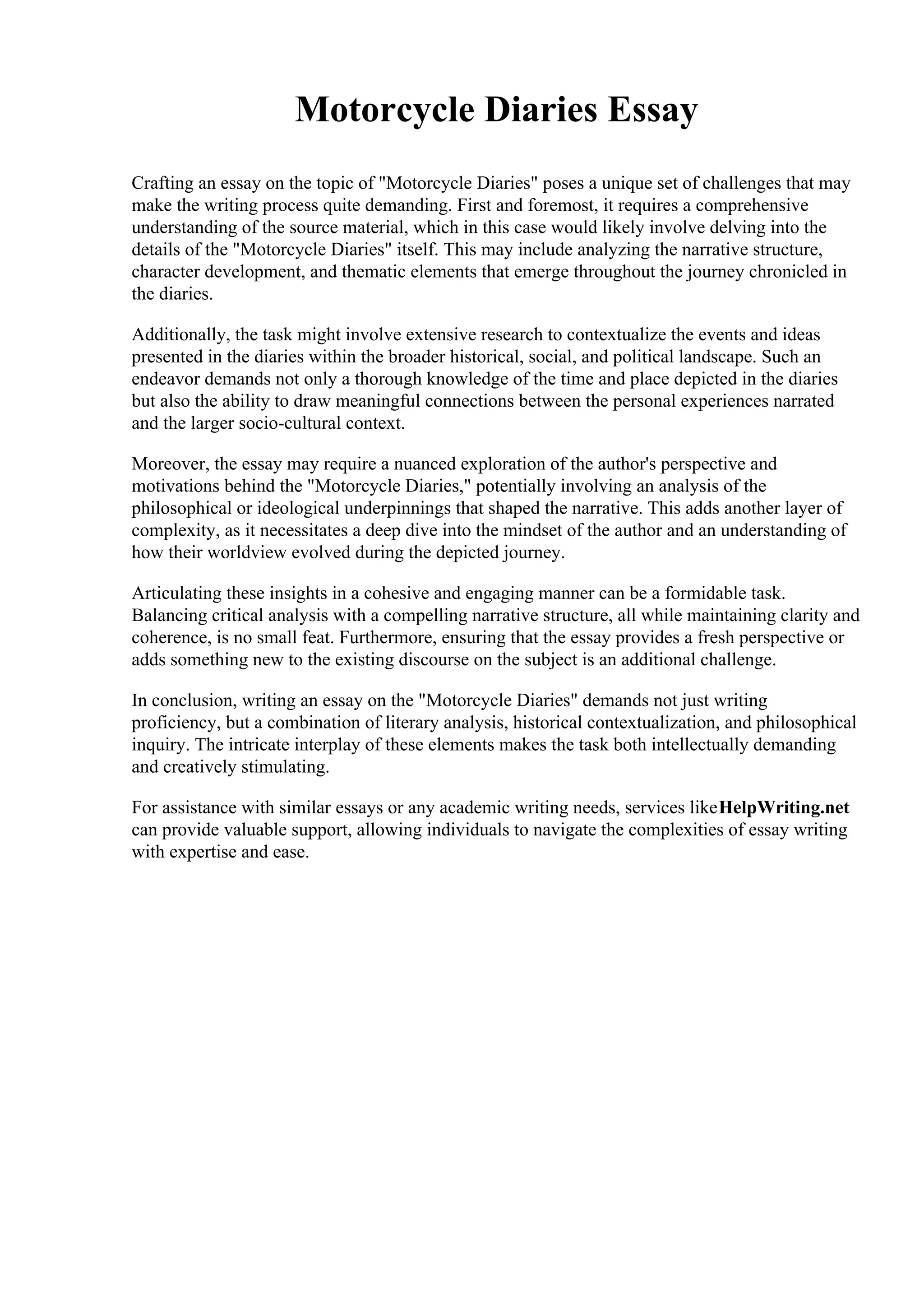 Motorcycle Diaries Essay. Ultimate Health School | PDF