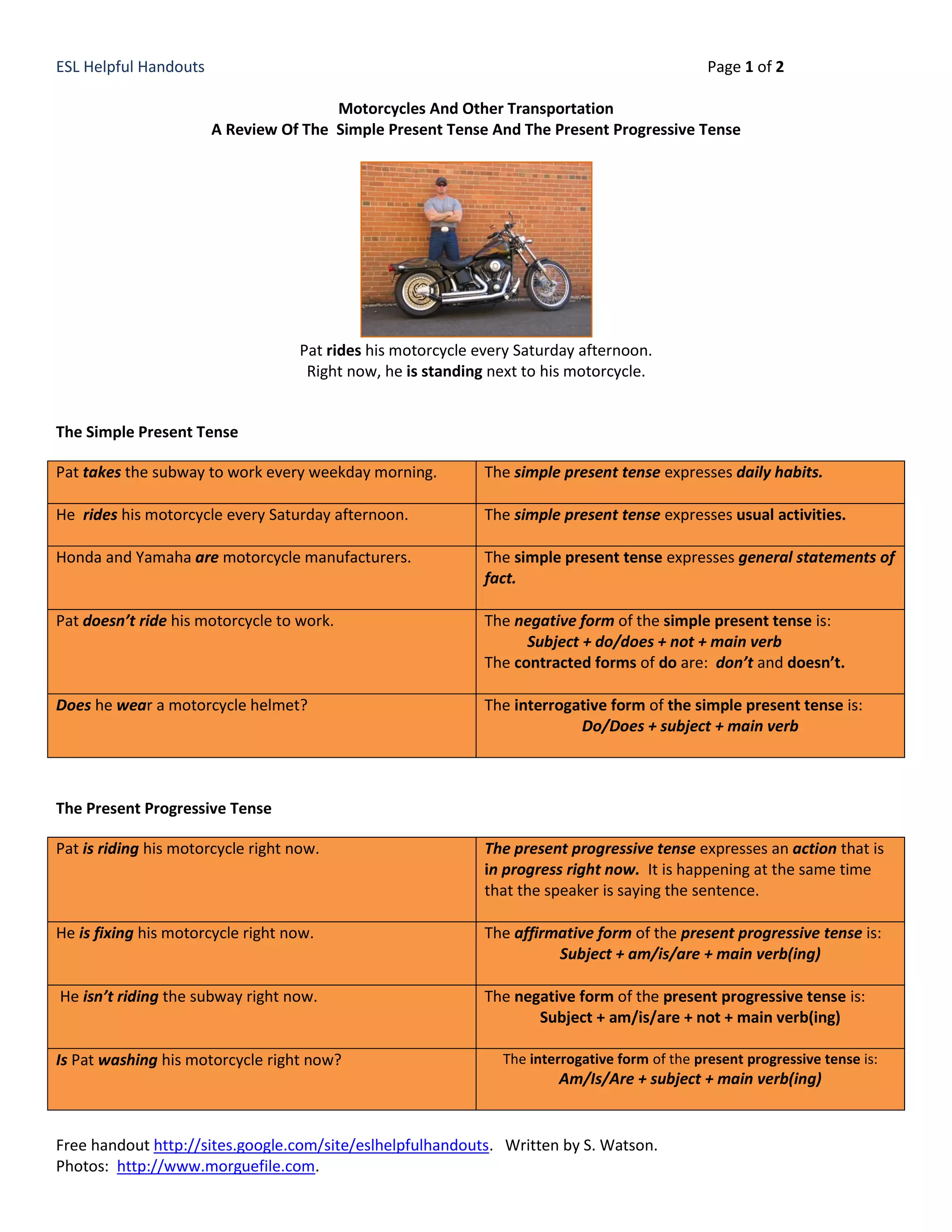 ESL Helpful Handouts-Motorcycles And Other Transportation | PDF