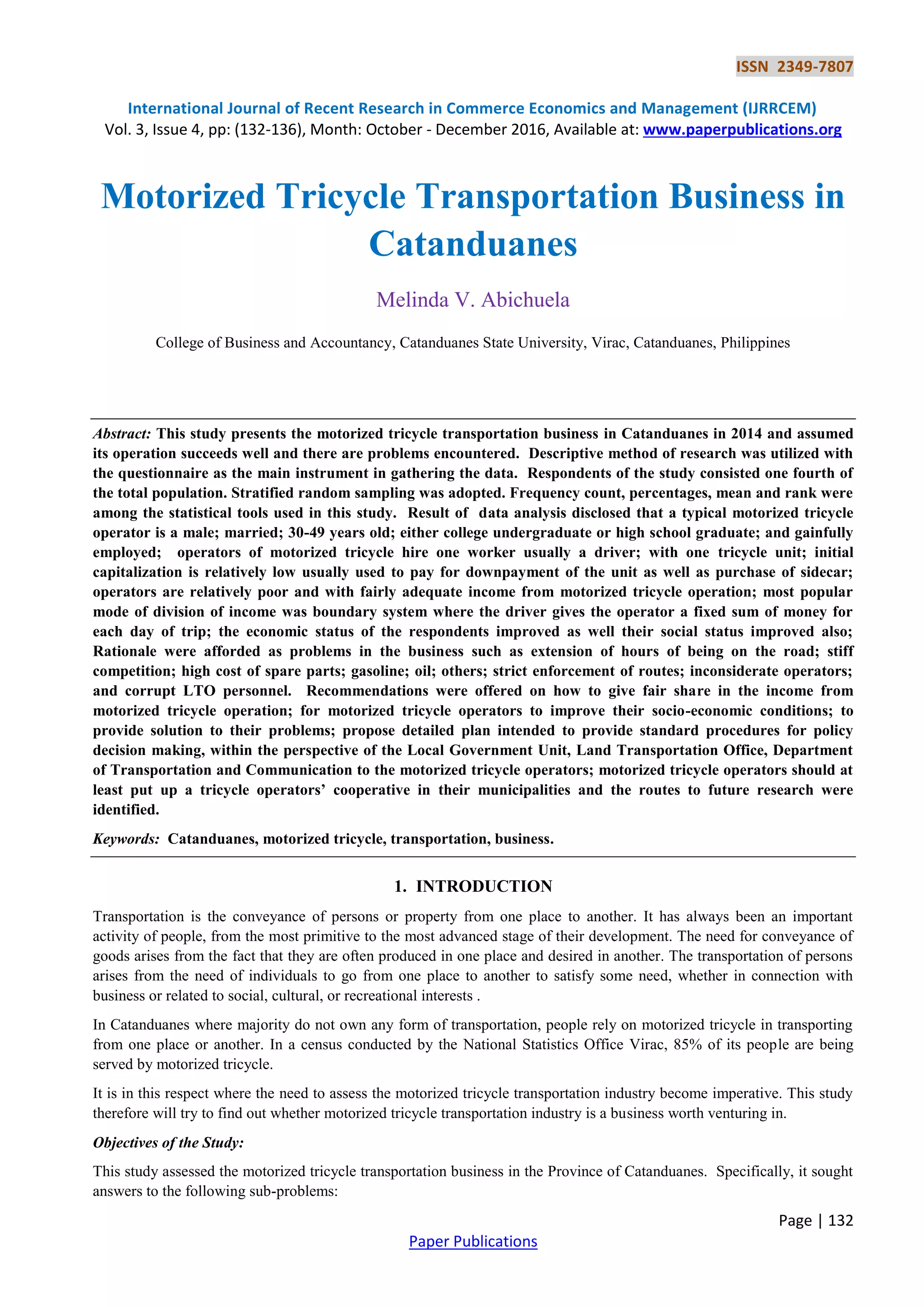 Motorized Tricycle Transportation Business in Catanduanes | PDF