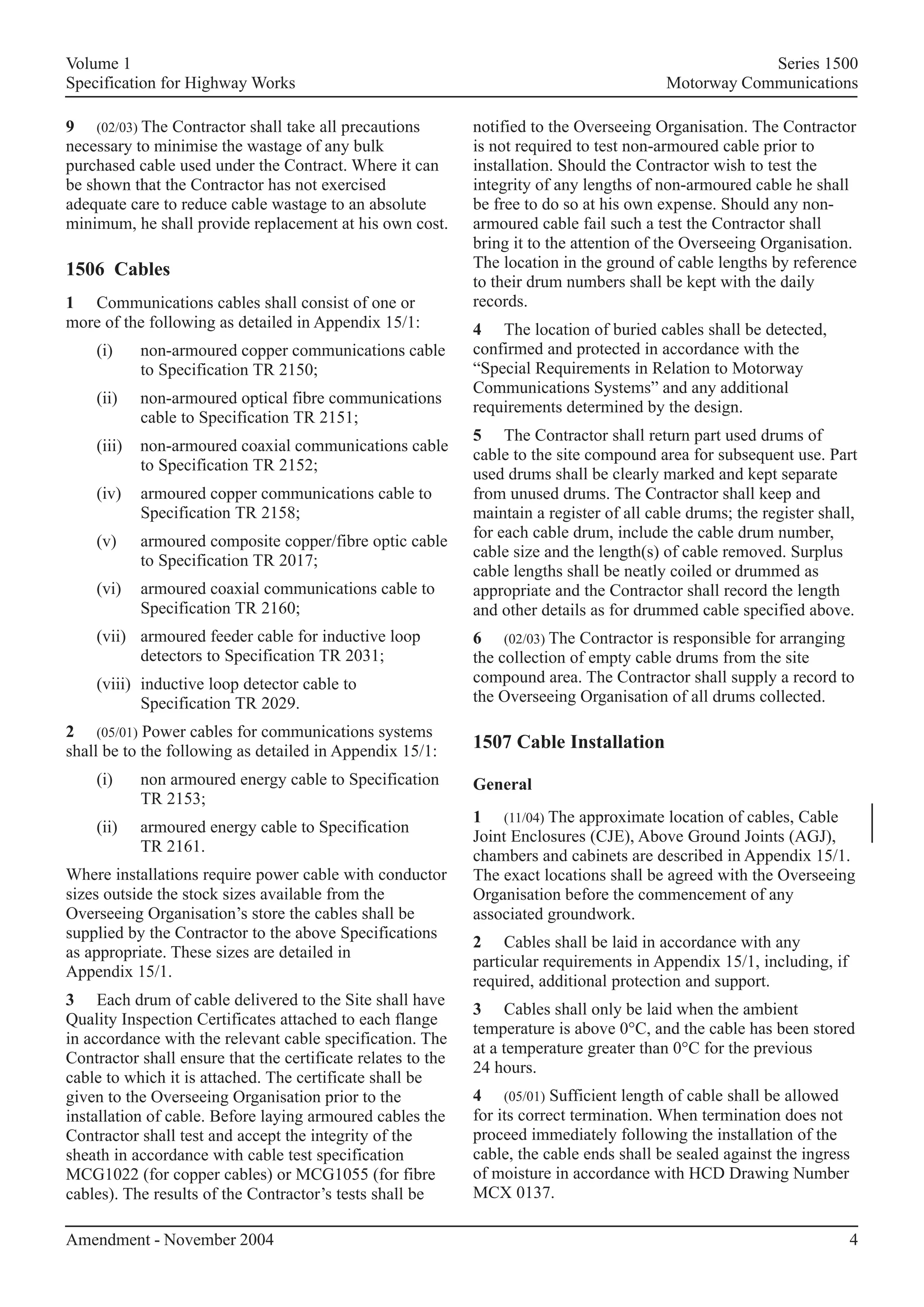 Motorway Communications - Series 1500 - Highway Works Specification | PDF