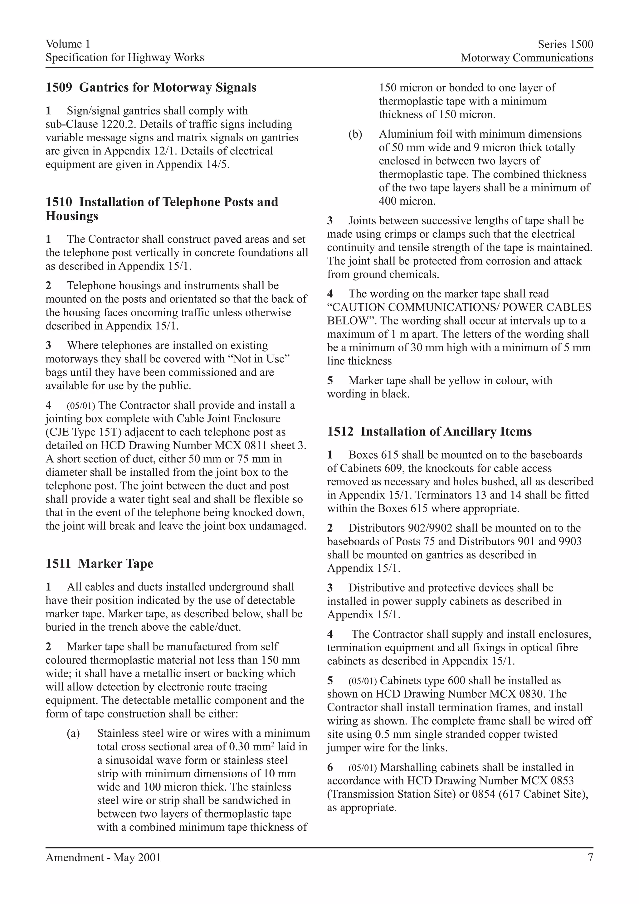 Motorway Communications - Series 1500 - Highway Works Specification | PDF