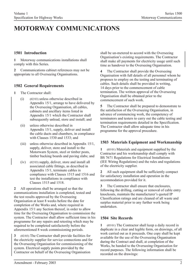 Motorway Communications - Series 1500 - Highway Works Specification | PDF
