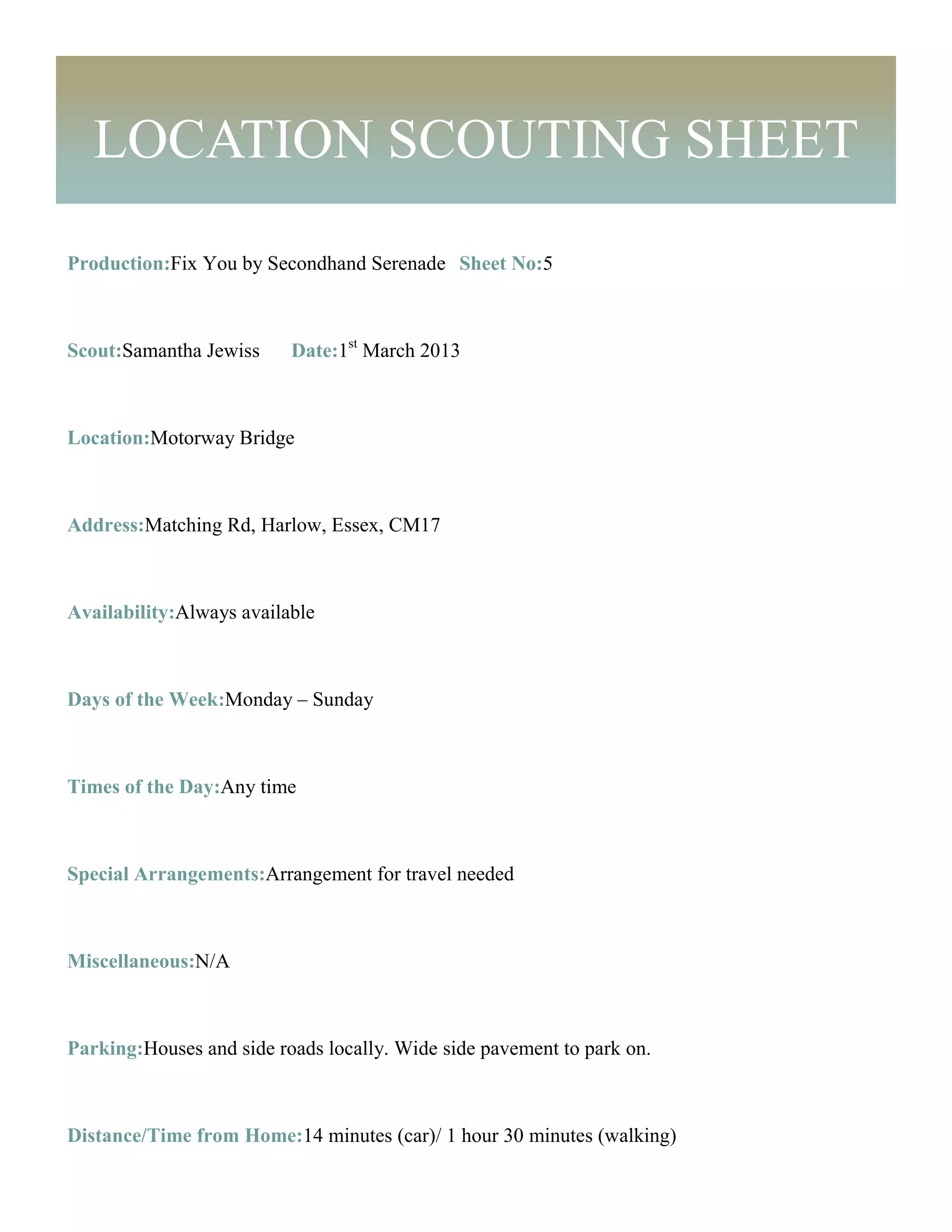 Motorway Location Scout Form | DOCX