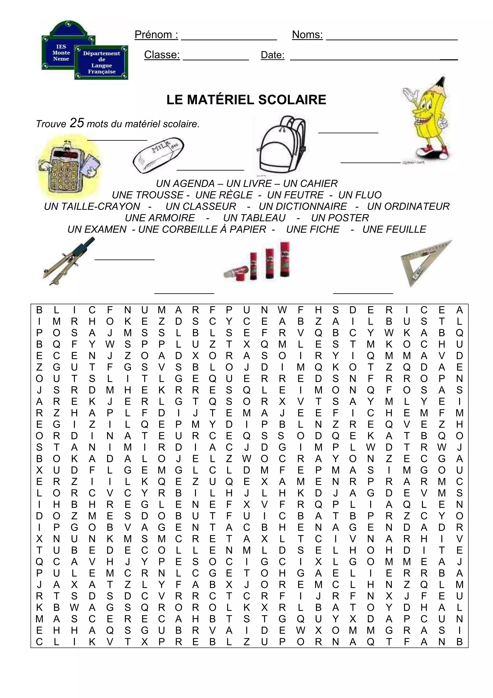 Mots mêlés "Matériel scolaire" | PDF