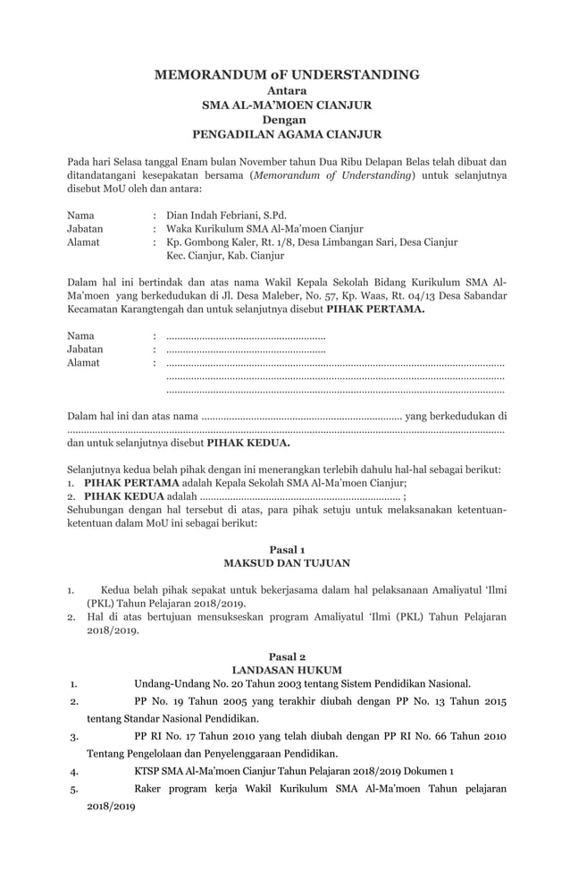 Mou Amaliyatul 'Ilmi (PKL) | PDF