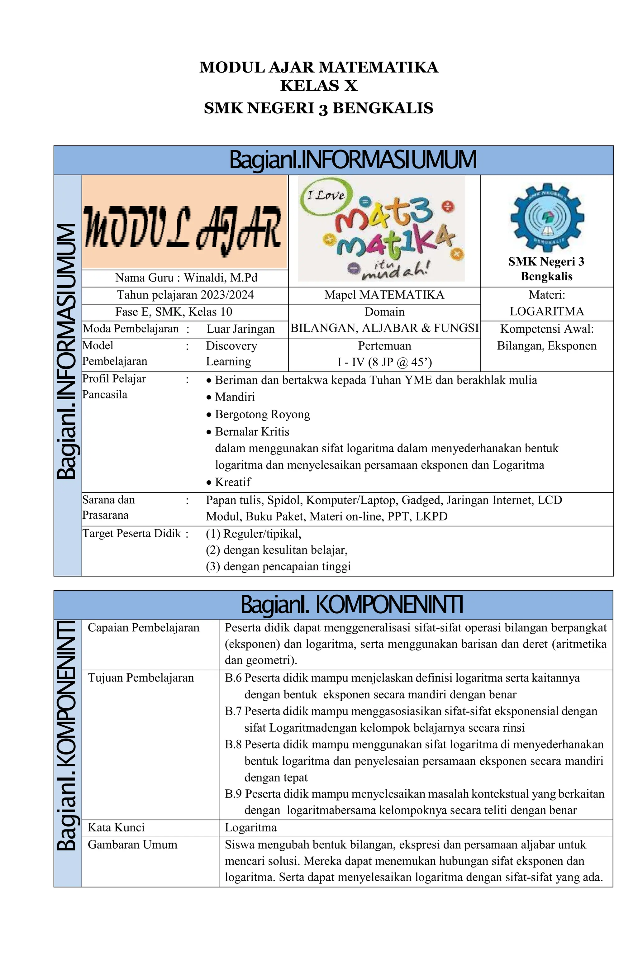 Modul ajar logaritma matematika kelas X SMK | DOCX