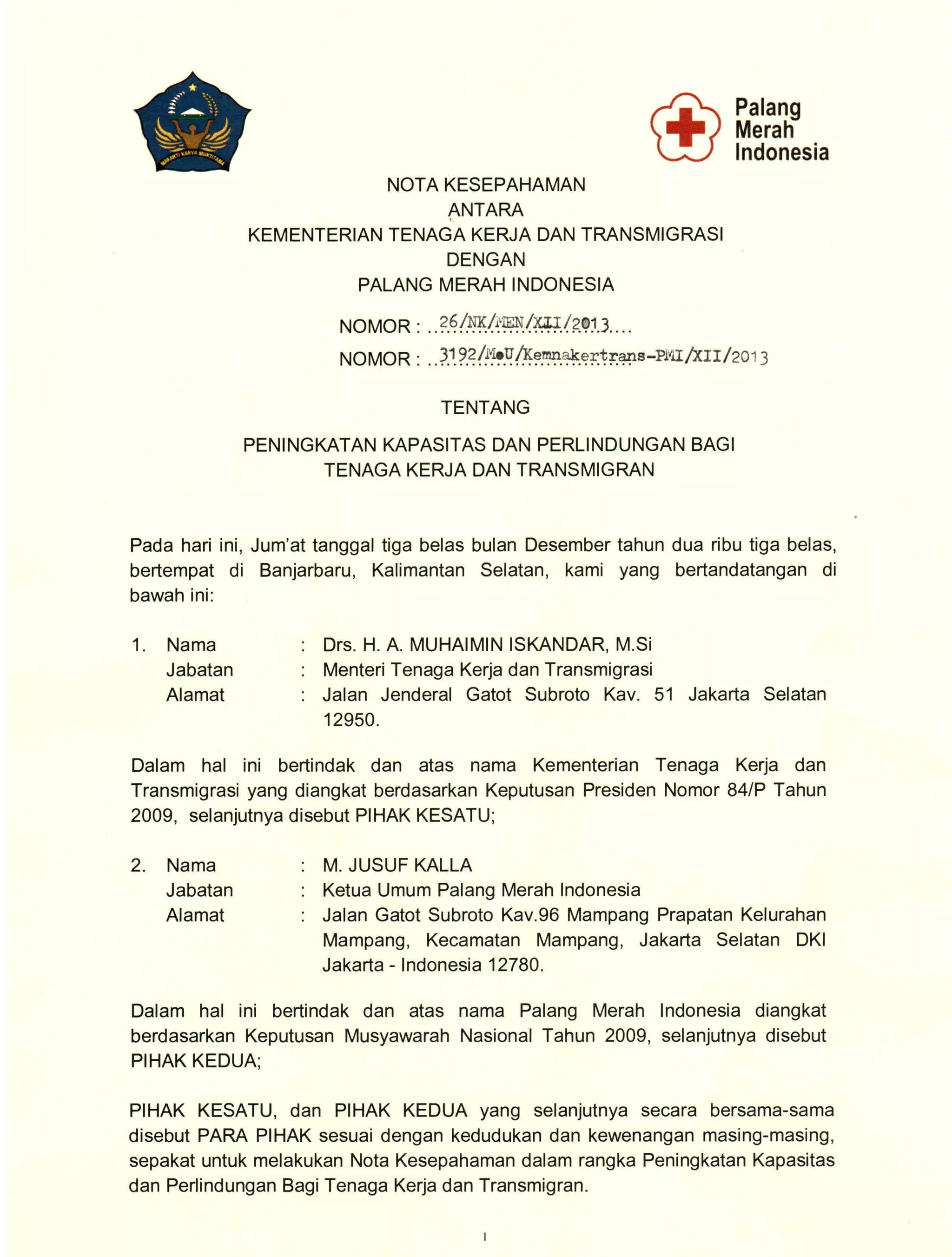 Mou kemenakertrans pmi | PDF