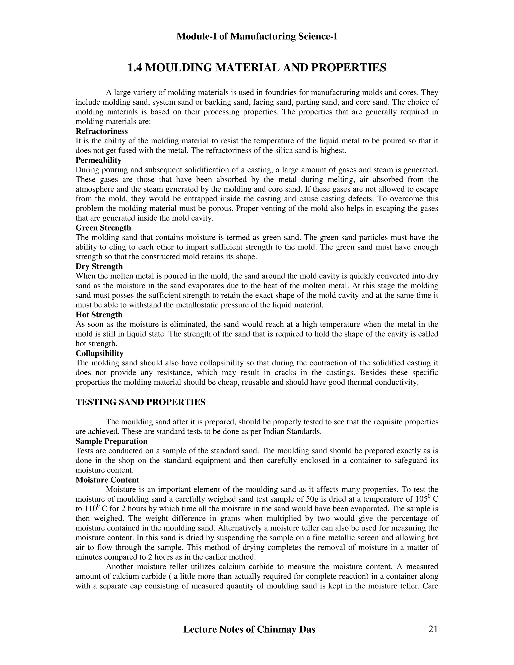 Moulding sand-properties lectures | PDF