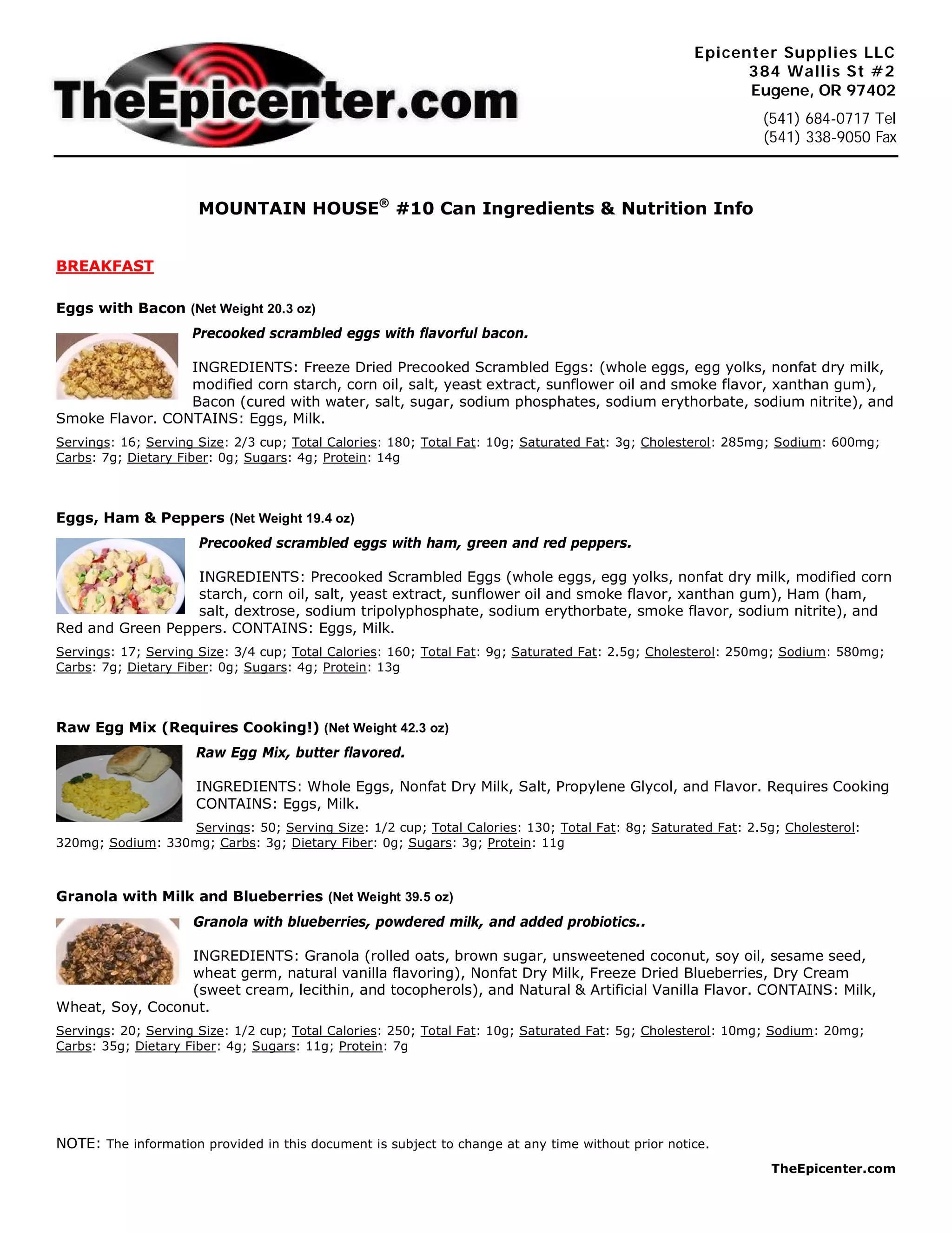Mountain House #10 Can Ingredients | PDF