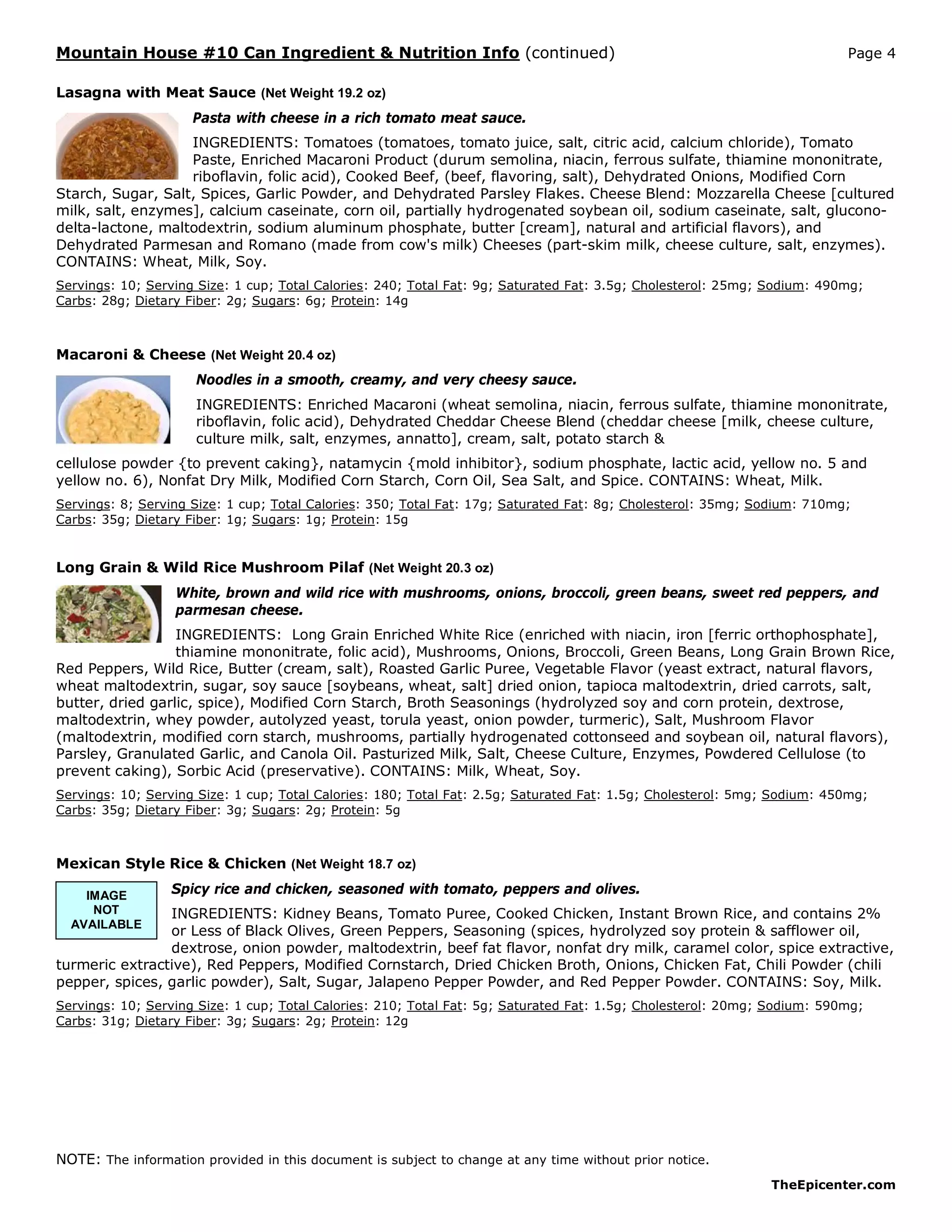 Mountain House #10 Can Ingredients | PDF