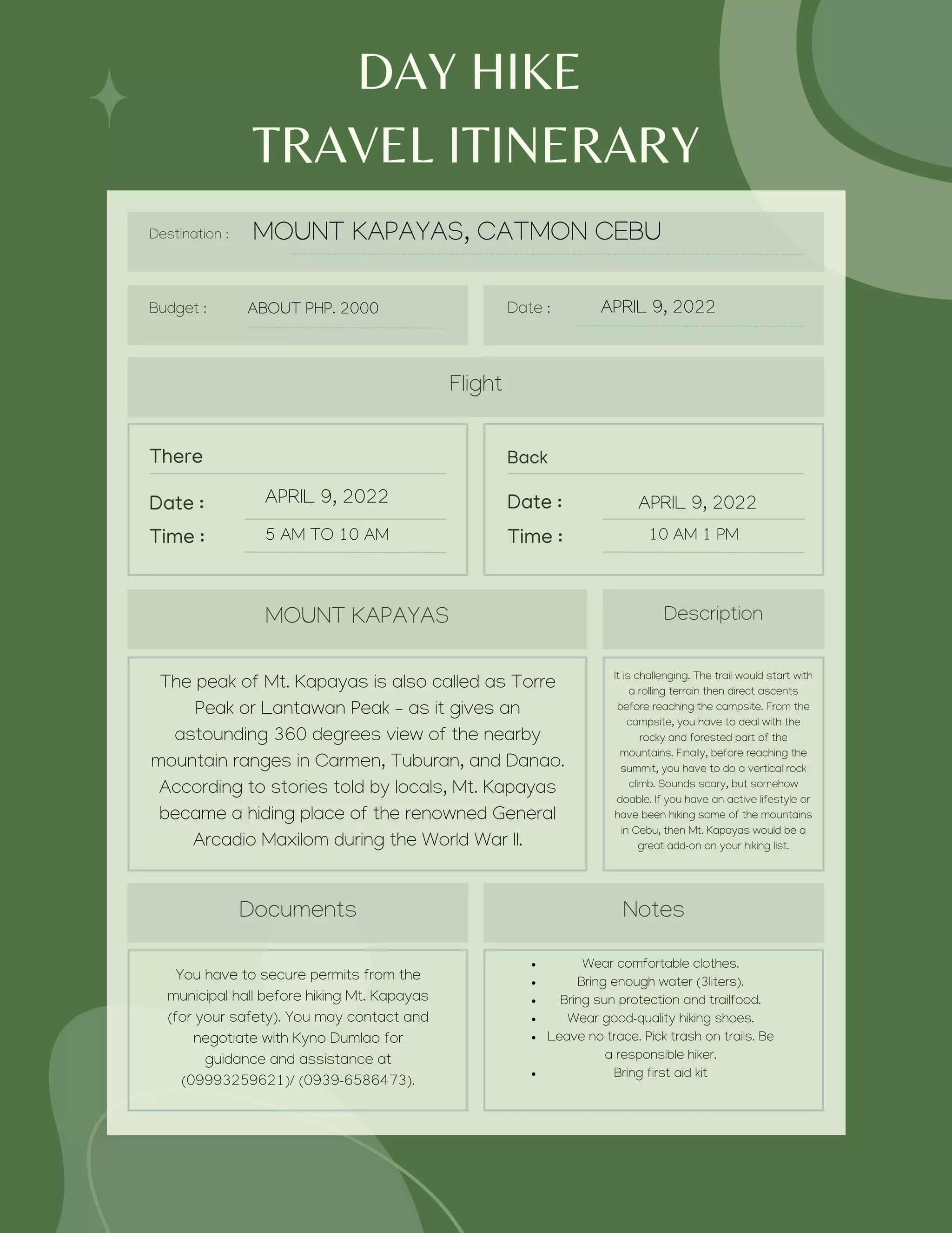 day hike itinerary. mount kapayas, catmon | PDF