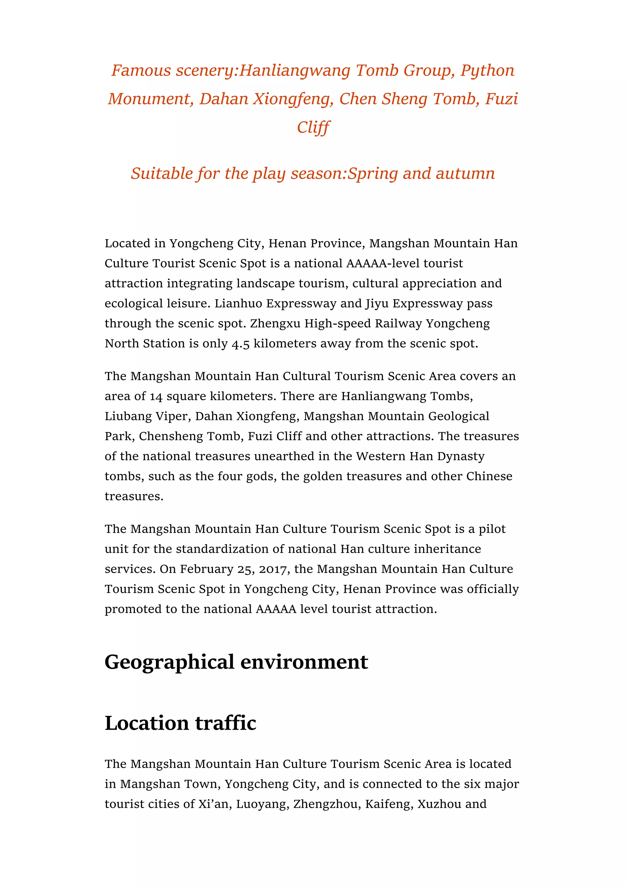 Mount mangdang han culture tourism scenic spot | PDF