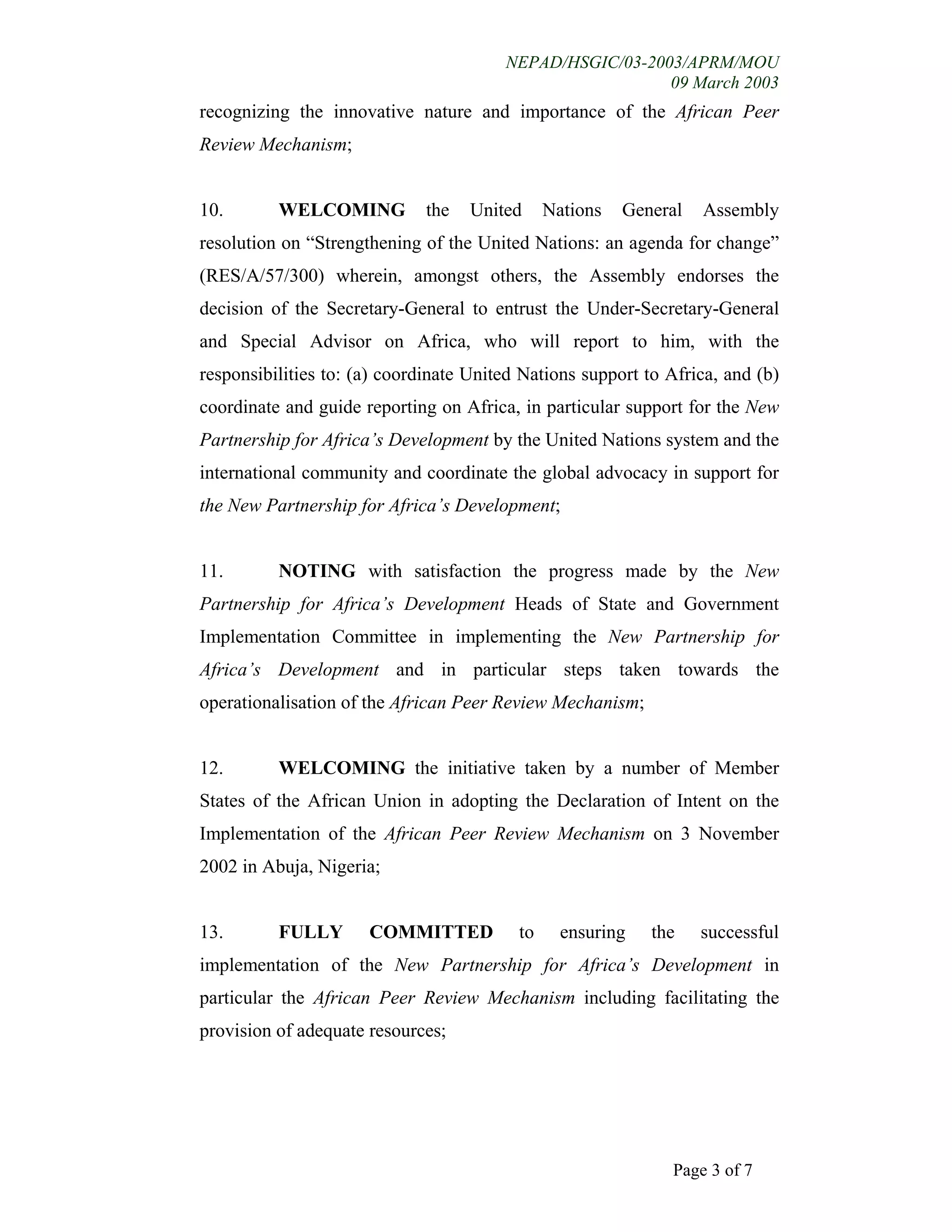 MOU of the African Peer Review Mechanism (APRM) | PDF