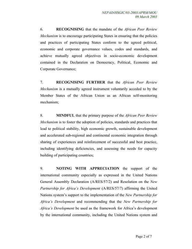 MOU of the African Peer Review Mechanism (APRM) | PDF