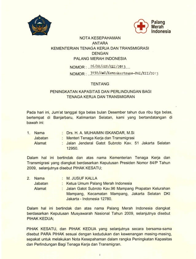 NOTA KESEPAHAMAN ANTARA KEMENTERIAN TENAGA KERJA DAN TRANSMIGRASI DENGAN PALANG MERAH INDONESIA ...
