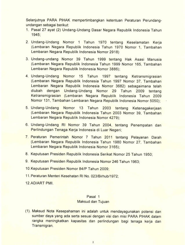 NOTA KESEPAHAMAN ANTARA KEMENTERIAN TENAGA KERJA DAN TRANSMIGRASI DENGAN PALANG MERAH INDONESIA ...