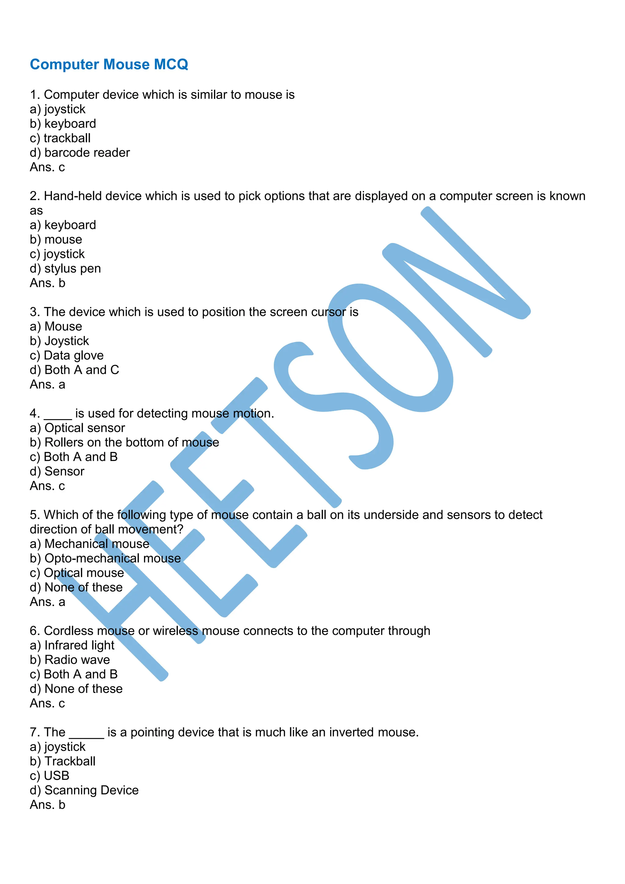 Computer Mouse Questions and Answers MCQ | PDF