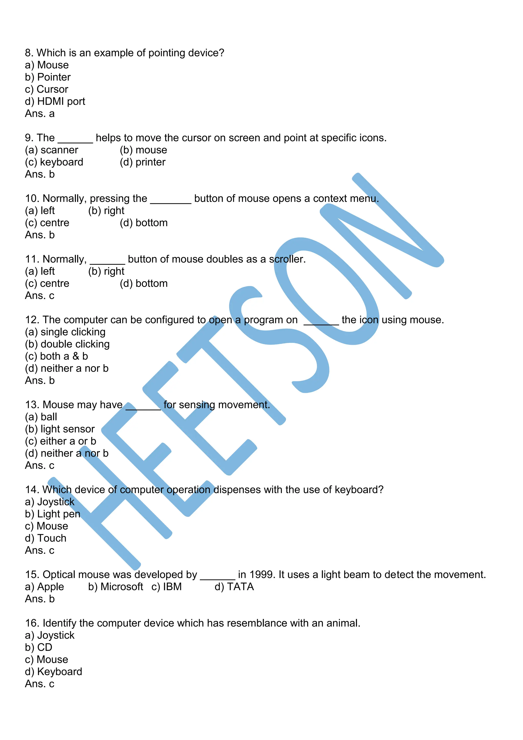 Computer Mouse Questions and Answers MCQ | PDF