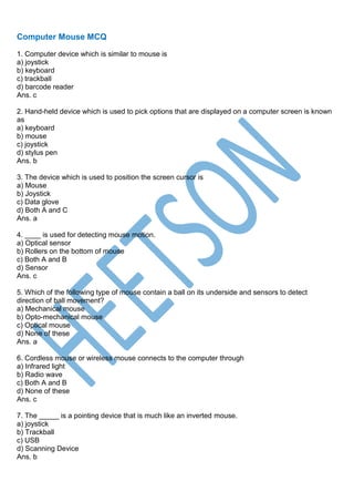 Computer Mouse Questions and Answers MCQ | PDF