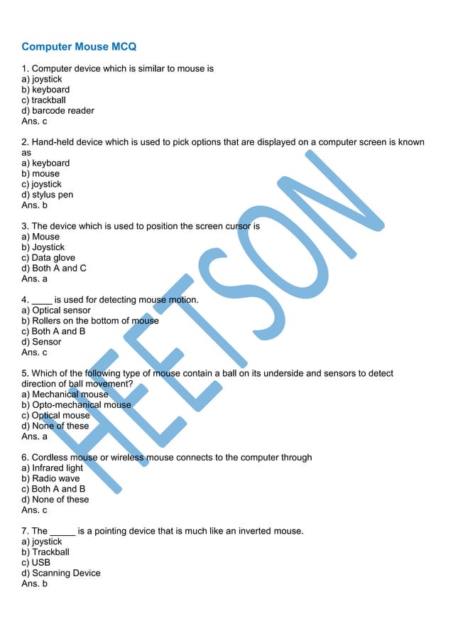Computer Mouse Questions and Answers MCQ | PDF