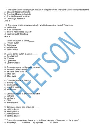 Computer Mouse Questions and Answers MCQ | PDF